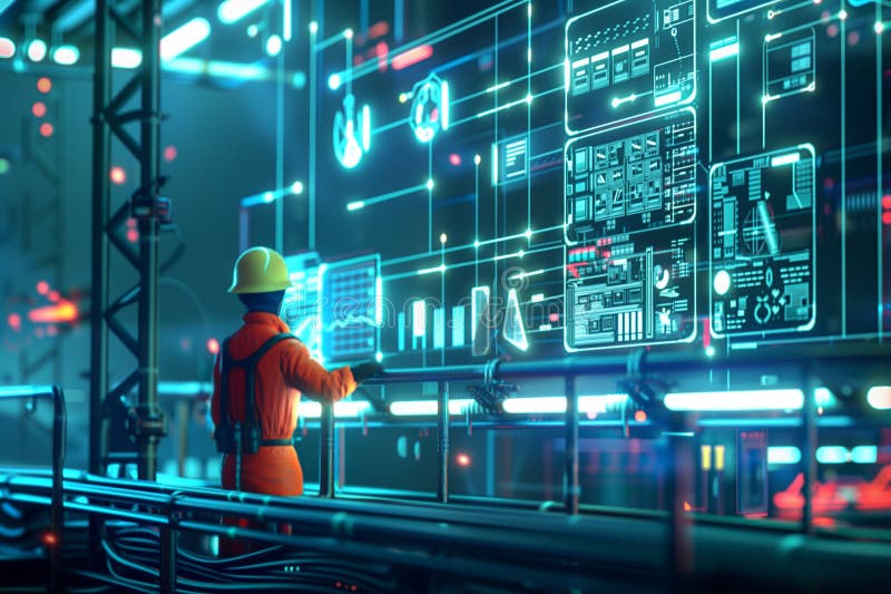 Engineer with Safety Gear Working on Holographic Display Control Smart Advanced Machine Stock ...