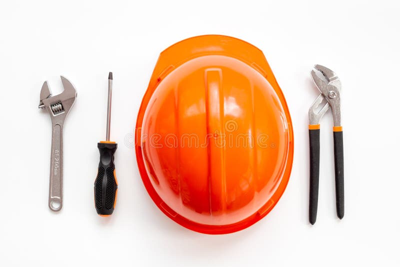 Engineer Safety Helmet with Construction Tools, Top View Stock Photo ...