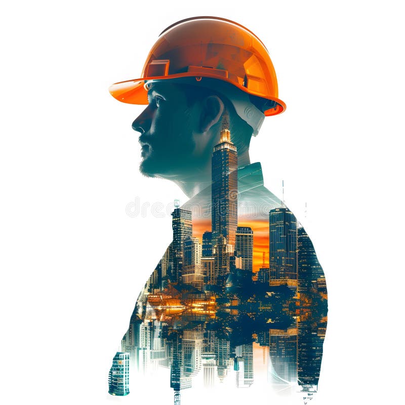Engineer with a Safety Helmet Superimposed on a Cityscape, Symbolizing ...