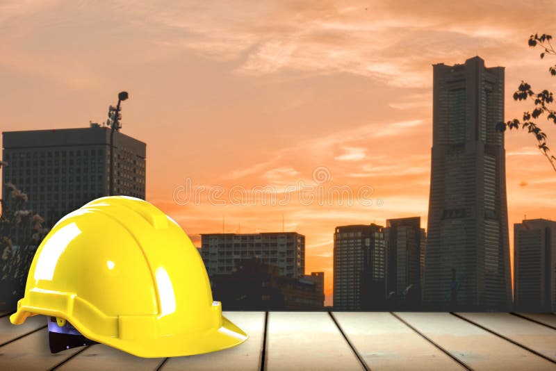 Engineer Safety Helmet on Wooden Counter City Background Stock Image ...