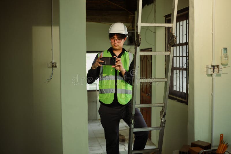 Engineer in Safety Vest and Hard Hat Photographing Project Progress ...