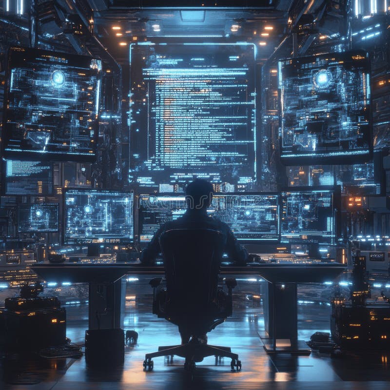 An Engineer Sat at Their Desk in the Middle of an Advanced Data Room ...