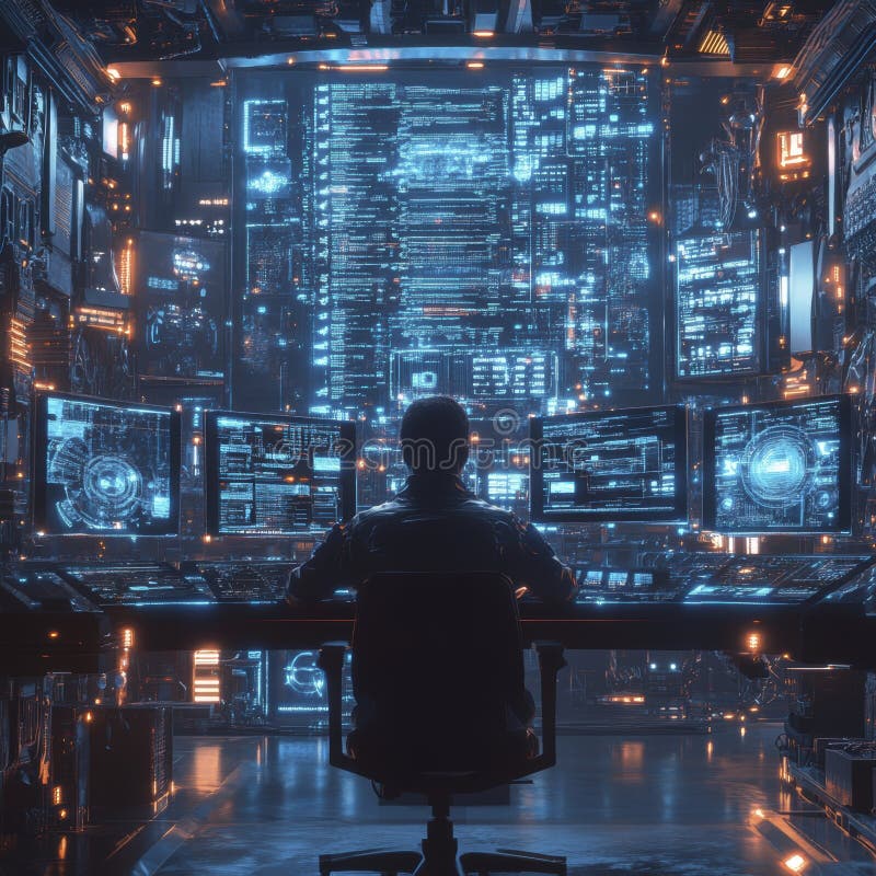 An Engineer Sat at Their Desk in the Middle of an Advanced Data Room ...