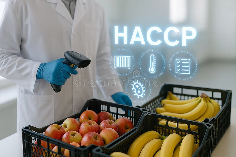 Engineer Scanning Apples and Bananas with Barcode Reader Following Food ...