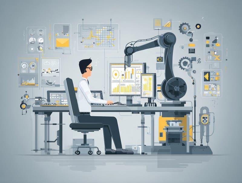 An Engineer, Seated at a Desk in an Industrial Setting with a Robotic ...