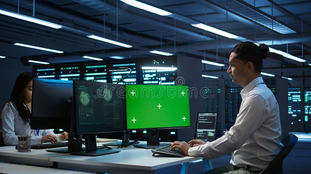 Engineer in Server Hub Using Green Screen PC To Stop Hacker Stock Image - Image of stealing ...