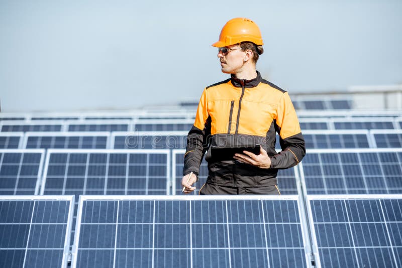 Engineer Servicing Solar Panel on Electric Plant Stock Photo - Image of ...