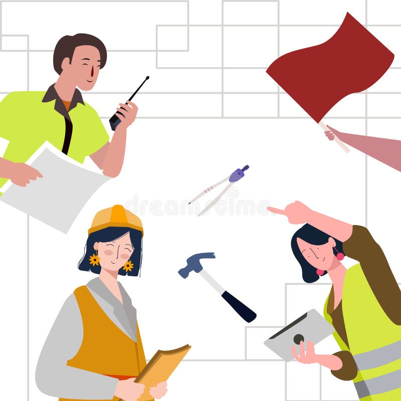 Engineer Set Collection Wear Hard Hat Working Outside Project with Flat ...