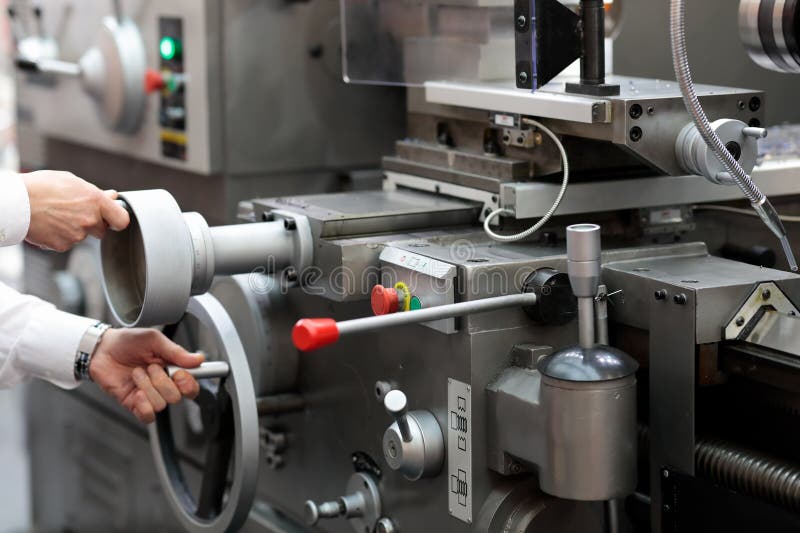Engineer Setting Up Metalworking Lathe Stock Photo - Image of control ...