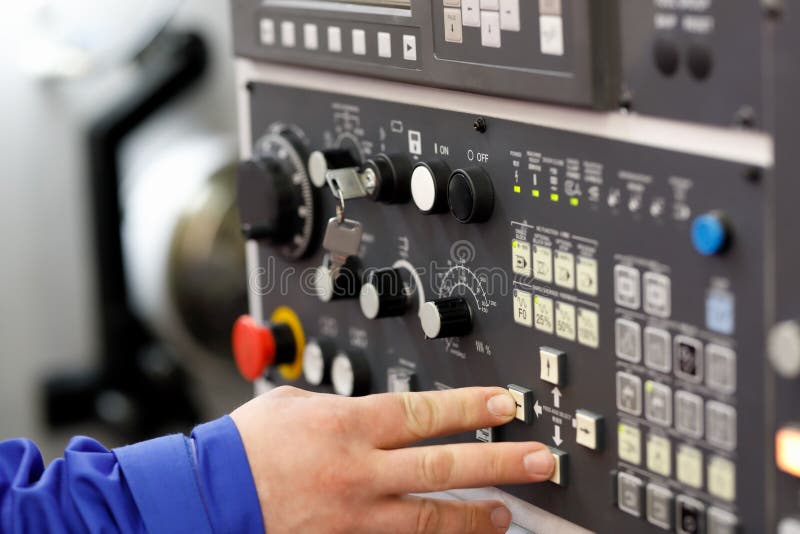 CNC Operator Programming Lathe Machine Stock Image - Image of finger ...