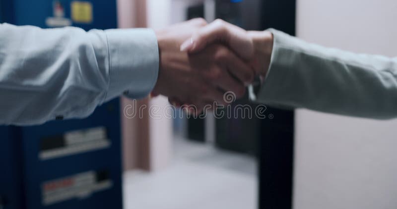 Engineer, Shaking Hands and Information Technology, Server Room Success ...
