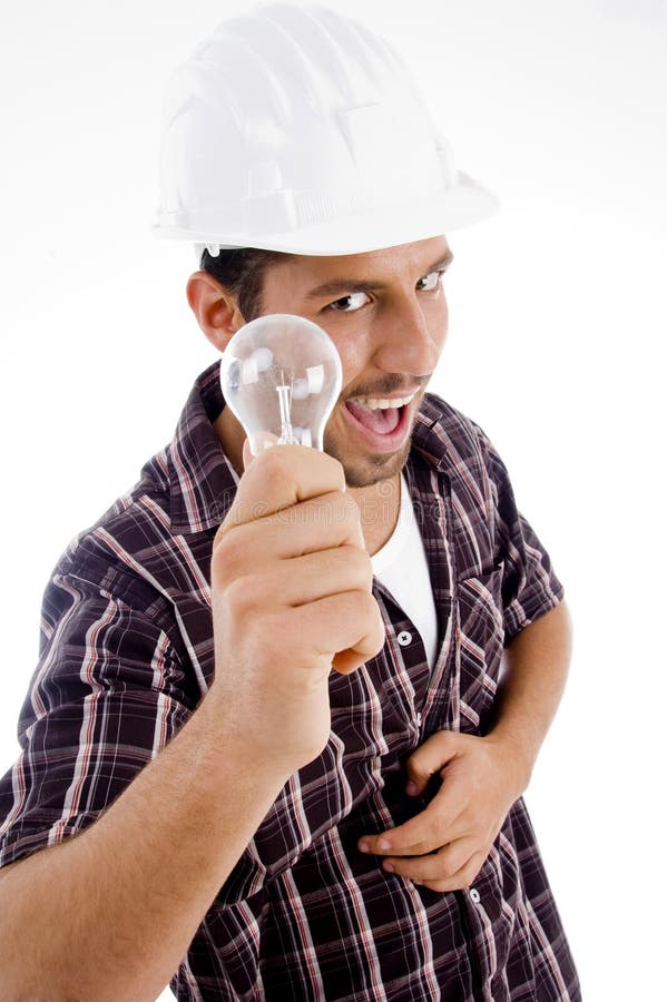 Engineer Showing Electric Bulb Stock Image - Image of engineer, builder ...