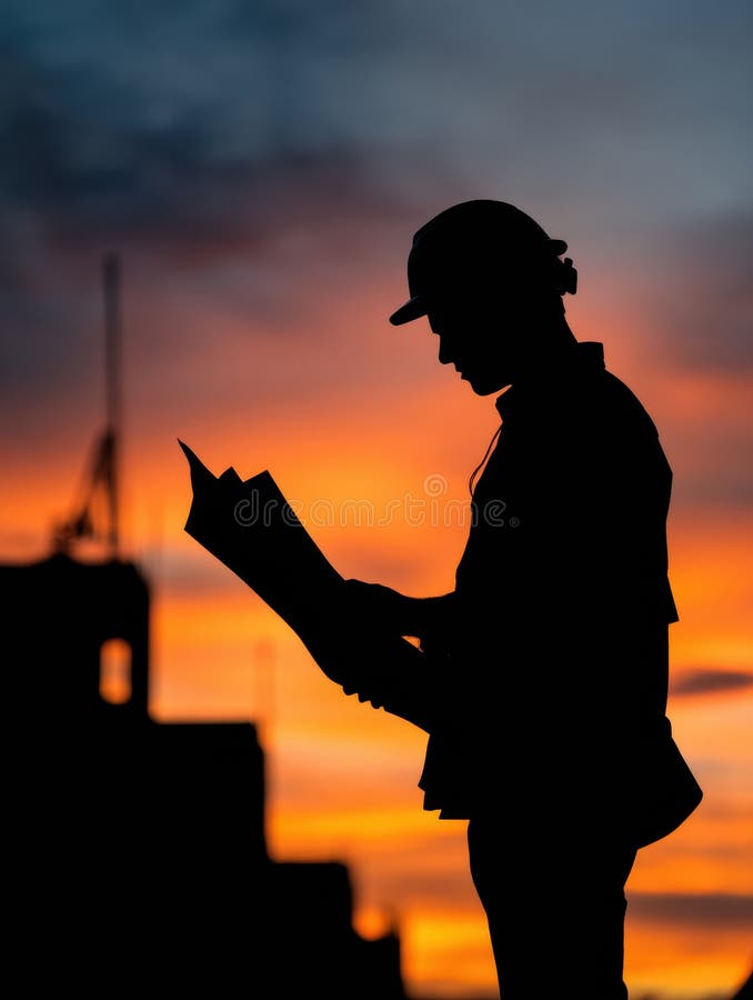 Engineer Silhouette Examines Building Plans Against a Vibrant Sunset ...