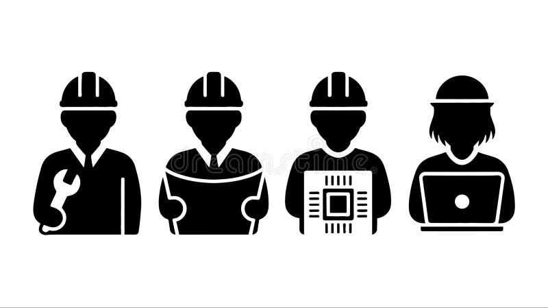 Engineer Silhouettes Holding Wrench Blueprint Microchip Laptop Stock ...