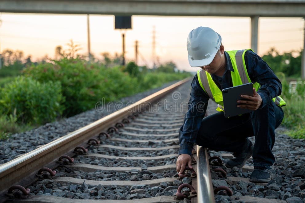 An Engineer is Sitting and Inspecting the Railway. Construction Workers ...