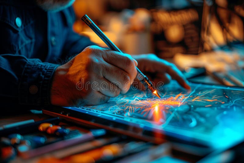 A Close-up of a Person S Hands Using a Digital Drawing Tablet for ...