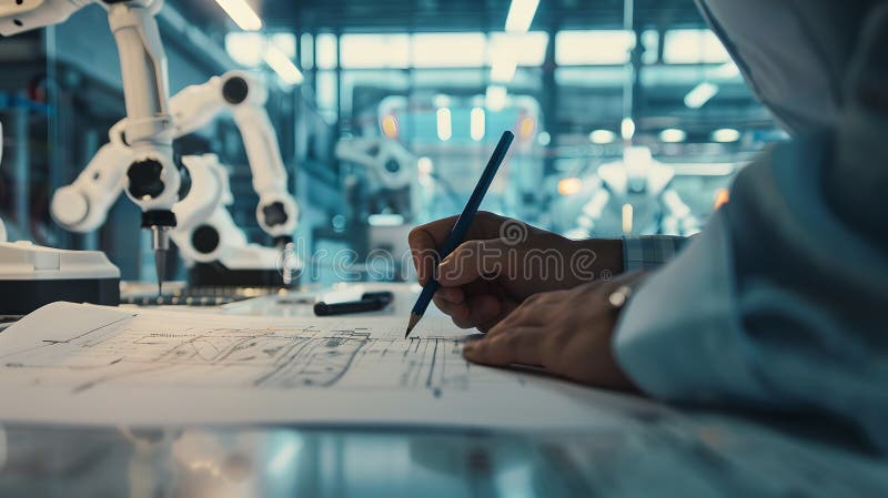Engineer Sketching Designs in an Industrial Setting with Robotic Arms ...