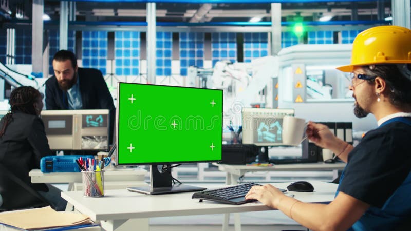 Engineer in Solar Panels Plant Uses CAD Software on Mockup PC To ...