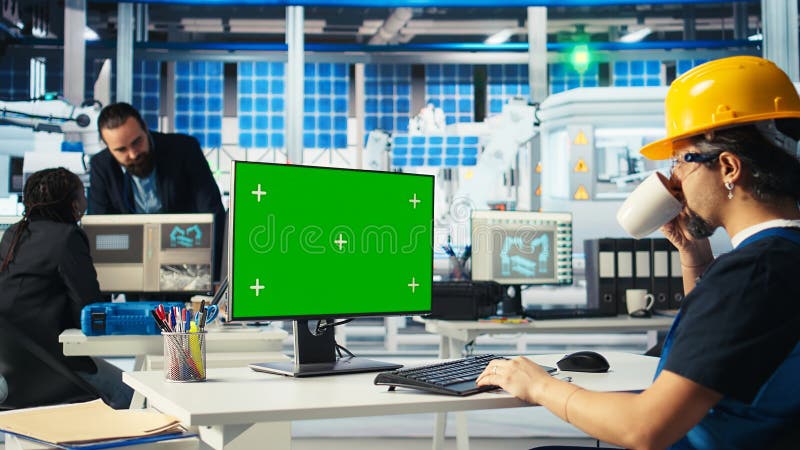 Engineer in Solar Panels Plant Uses CAD Software on Mockup PC To ...