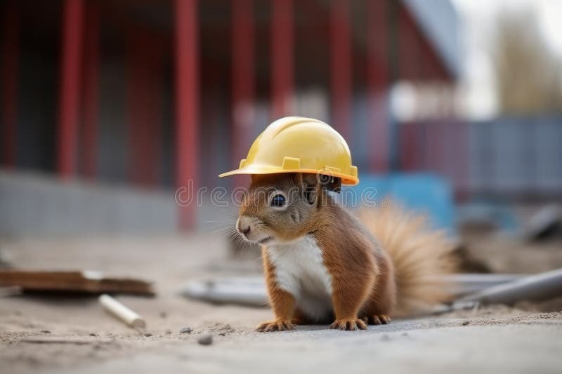 Engineer Squirrel in a Work Helmet on a Construction Site. Construction ...
