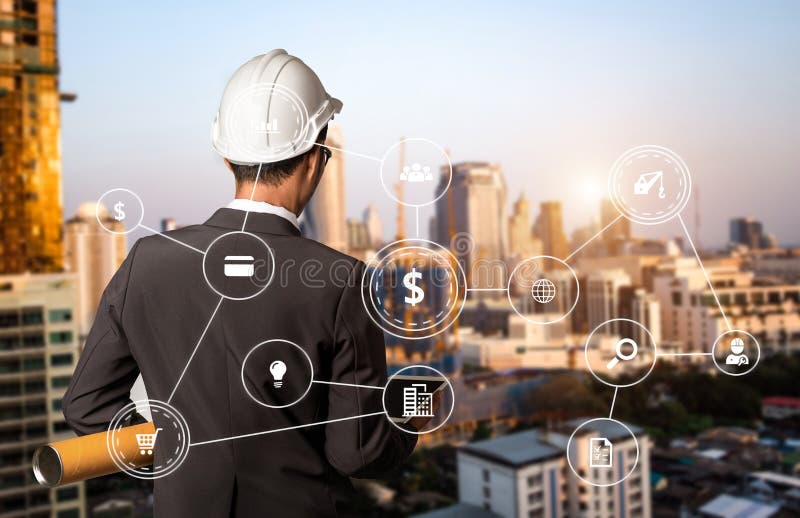 Engineer Standing Back during Sunrise Overlay with Cityscape Image. the ...