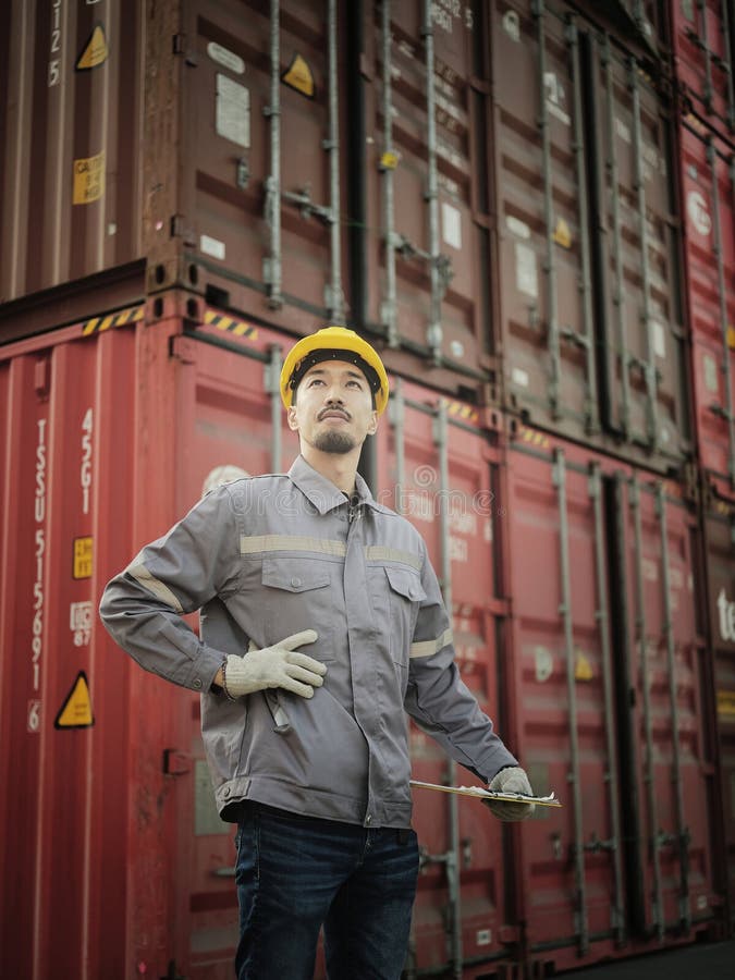 Engineer Standing at Container Cargo Yard , Success at Work Stock Image ...