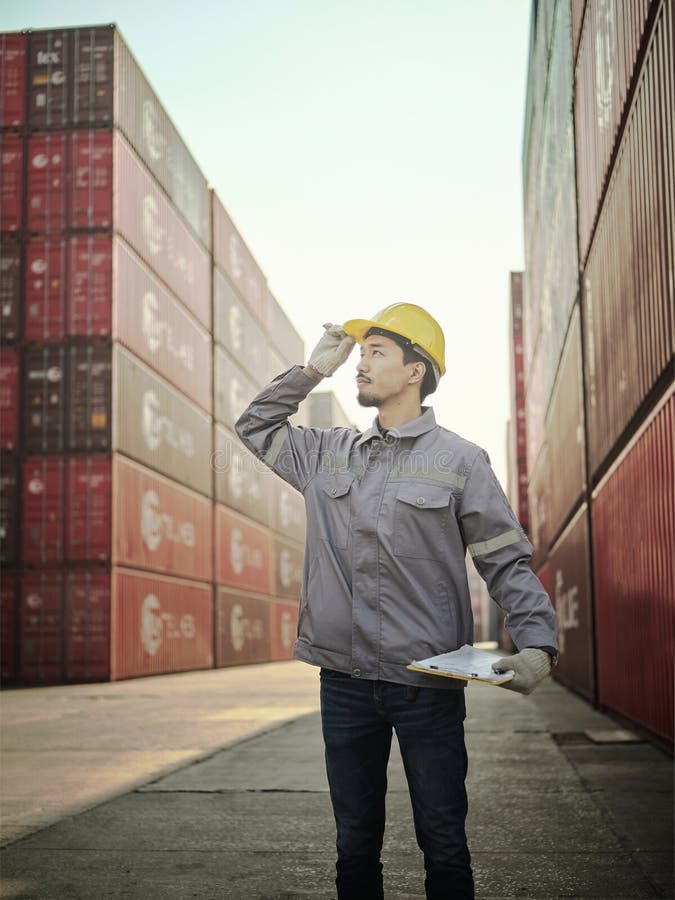 Engineer Standing at Container Cargo Yard , Success at Work Stock Image ...