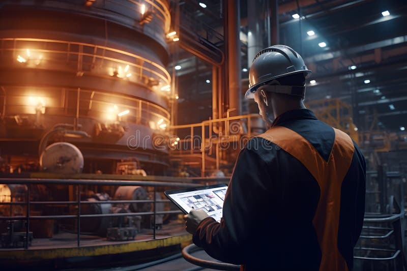 Engineer Standing in Factory and Analyzing Data on a Tablet. AI ...