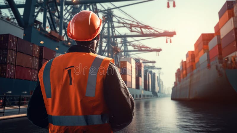 Engineer Standing in Front of Cargo Ship at Trade Port Background ...