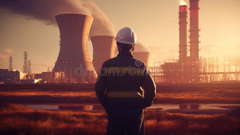 Engineer Standing in Front of Nuclear Power Plant in the Evening ...
