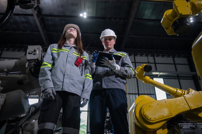 Engineer Standing by Robotic Arm and Operating Machine in Industry ...