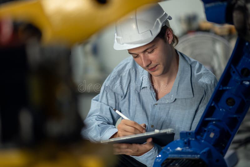 Engineer Standing by Robotic Arm and Operating Machine in Industry ...
