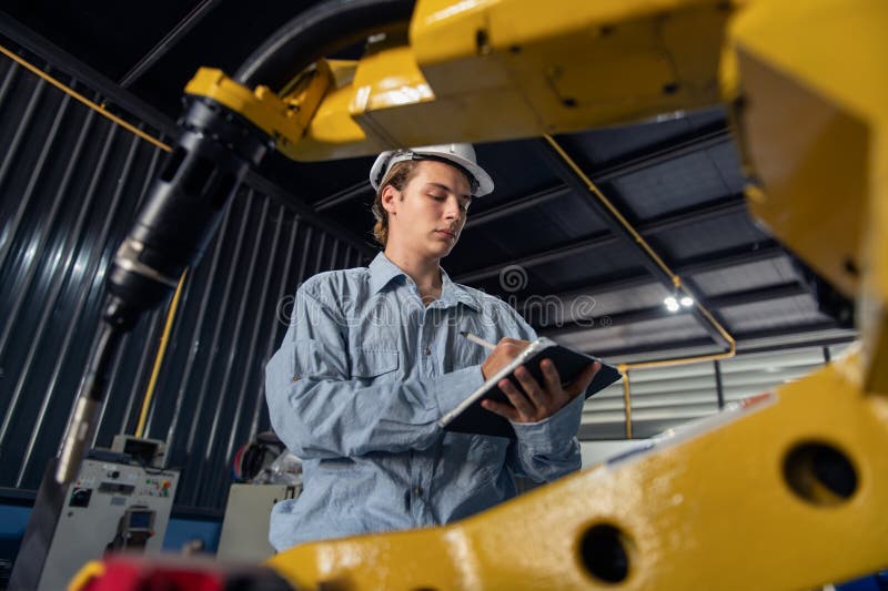 Engineer Standing by Robotic Arm and Operating Machine in Industry ...