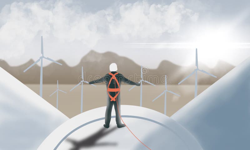 Engineer Standing on Top of the Windmill and Looking at the Landscape ...