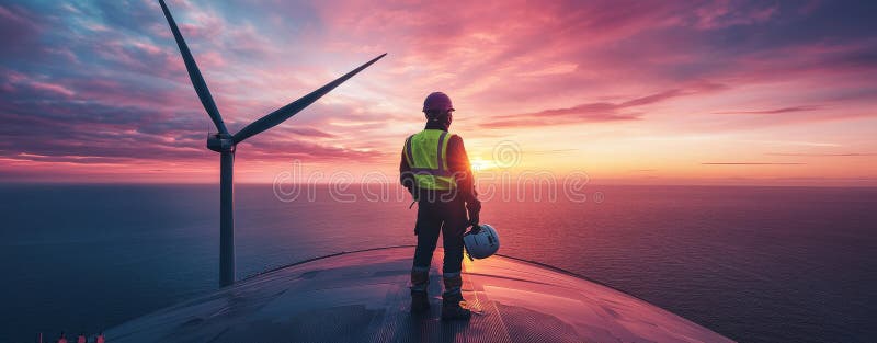 An Engineer Stands Atop a Wind Turbine in the Sea at Sunset, while a ...