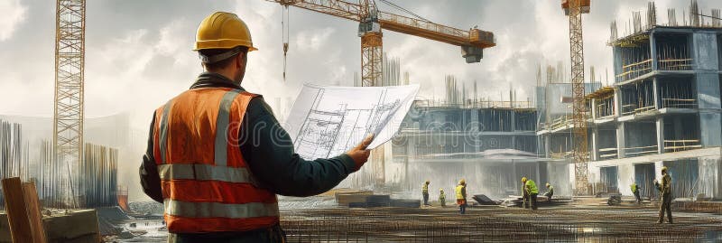 An Engineer Stands on a Busy Construction Site, Holding Blueprints ...