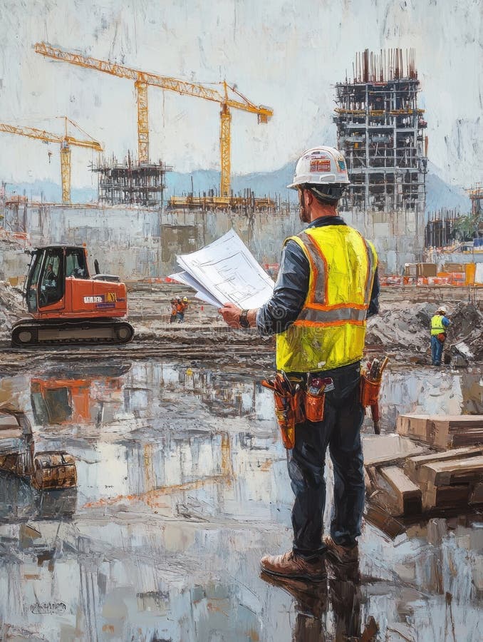 An Engineer Stands on a Construction Site, Carefully Examining ...