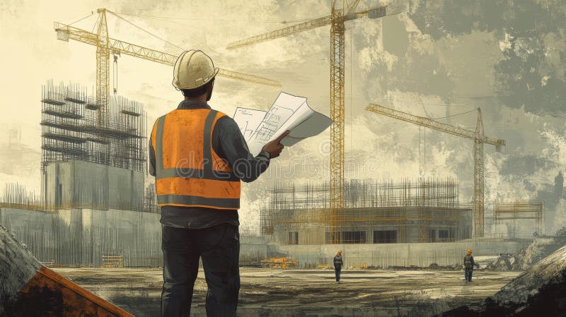 An Engineer Stands on a Construction Site at Dusk, Holding Blueprints ...