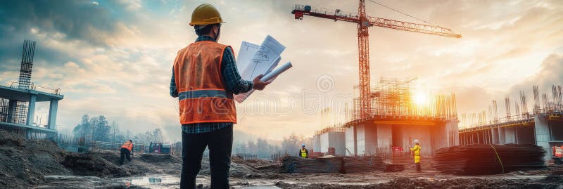 Engineer Stands on a Construction Site, Holding Blueprints while ...