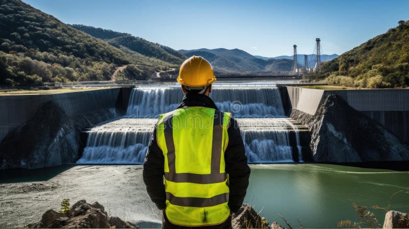An Engineer Stands in Front of a Dam Stock Photo - Image of hydraulic ...