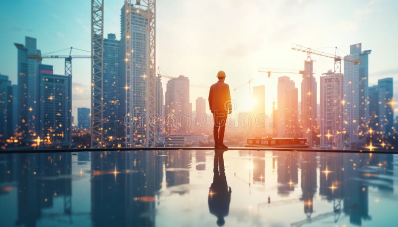 Engineer Stands on Rooftop Overlooking City Construction Site. Future ...
