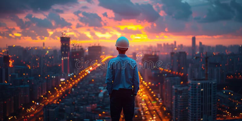 An Engineer Stands on a Rooftop, Watching the Sunset, Contemplating ...