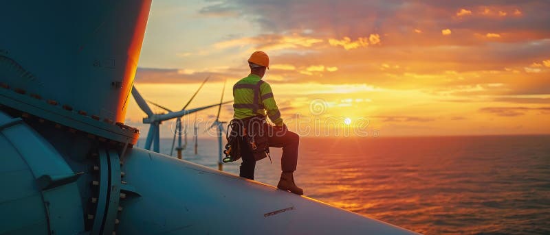 Engineer Stands on Top of Wind Turbine in Sea at Sunset, Worker ...