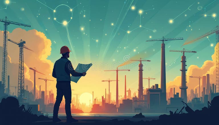 Engineer Supervises Industrial Complex Development with Digital Overlay ...