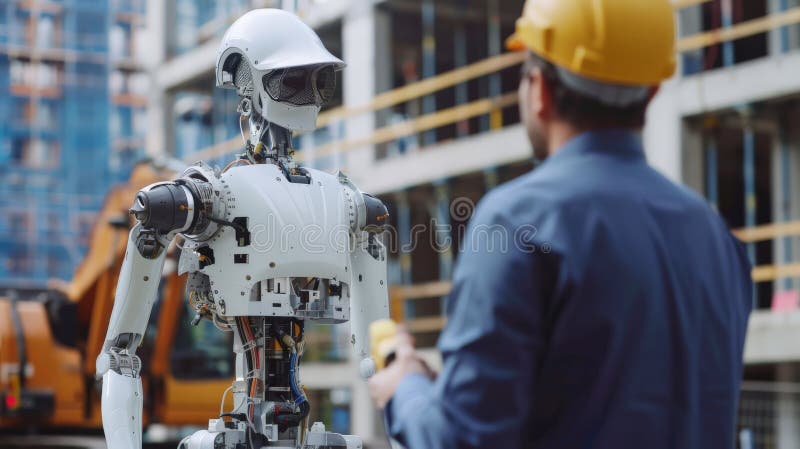 Engineer Supervising Robot on Construction Site. Concept of Technology ...