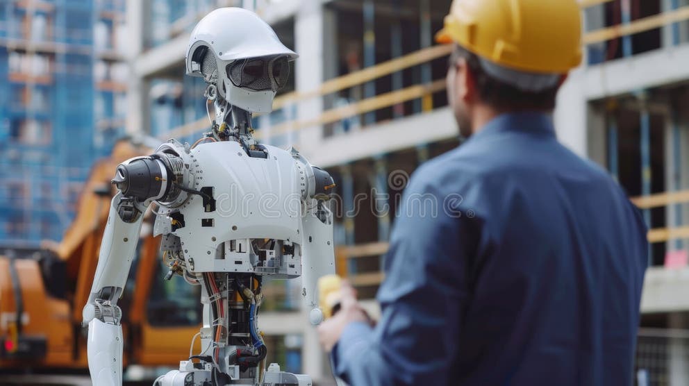 Engineer Supervising Robot on Construction Site. Concept of Technology ...