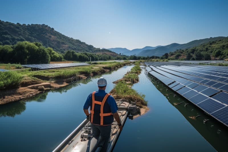 Engineer and Supervisor Conducting Maintenance at Floating Solar Farm ...