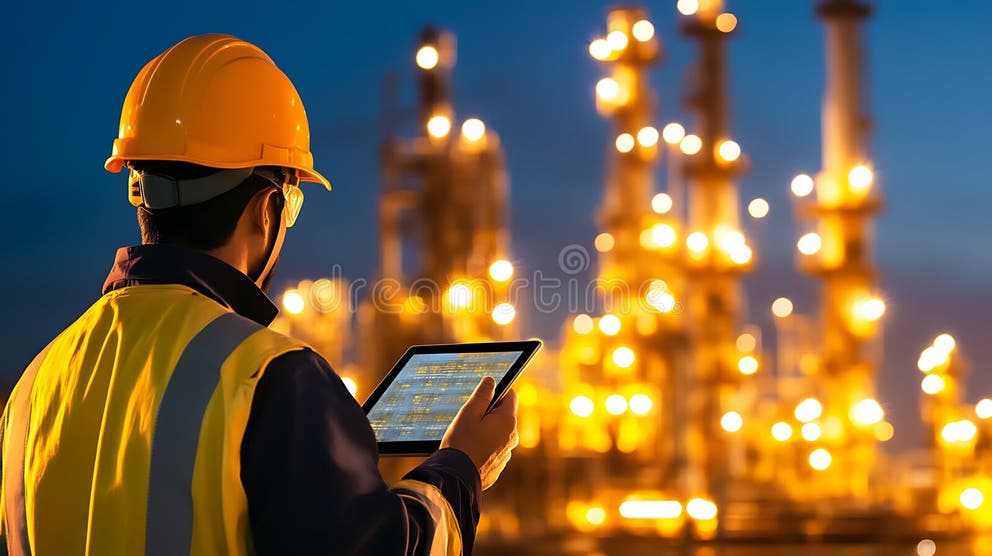 Engineer Survey Team Wear Uniform and Helmet Stand Workplace Checking ...