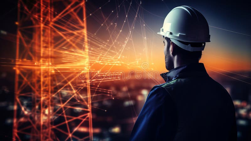 Engineer Surveying a Communication Tower at Sunset while Overseeing ...