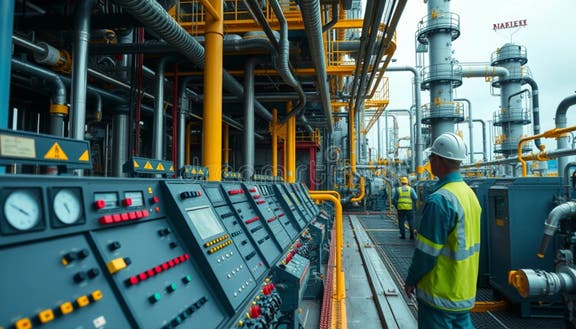 Worker Inspecting Control Panel at Industrial Plant with Pipes and ...